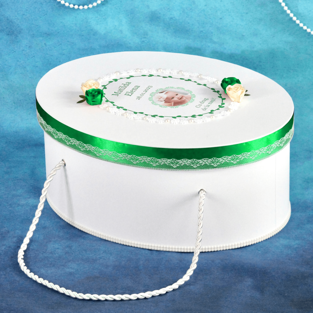 Cufăr Botez Oval Personalizat Verde - Botezul Meu
